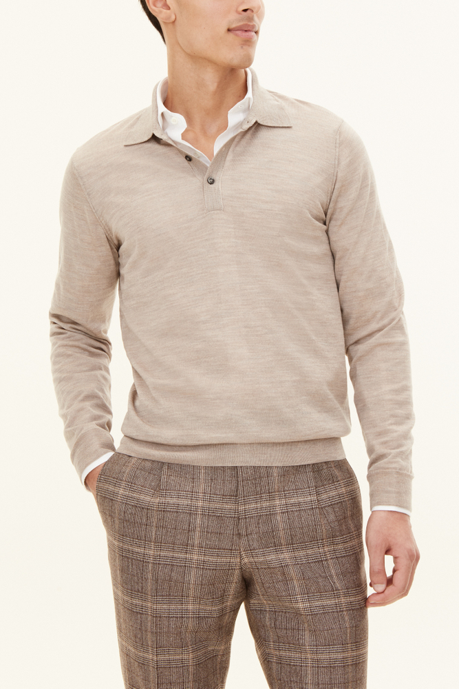 Regular Fit Extra Fine Merino Wool Polo Shirt - Beige | Oscar Jacobson